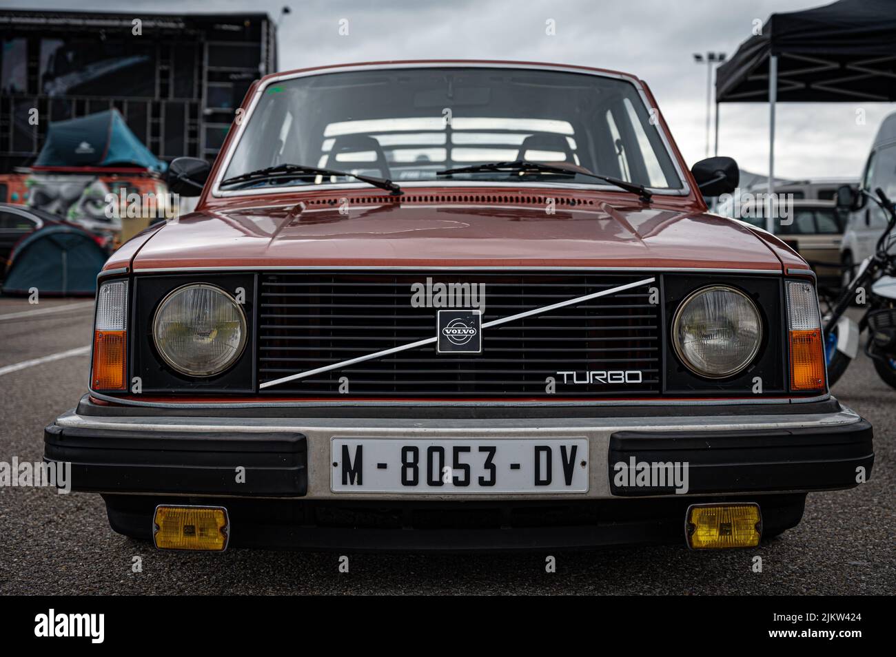 Navarra, Spain; March 6, 2022: orange Volvo 244 DL turbo stance sleeper ...