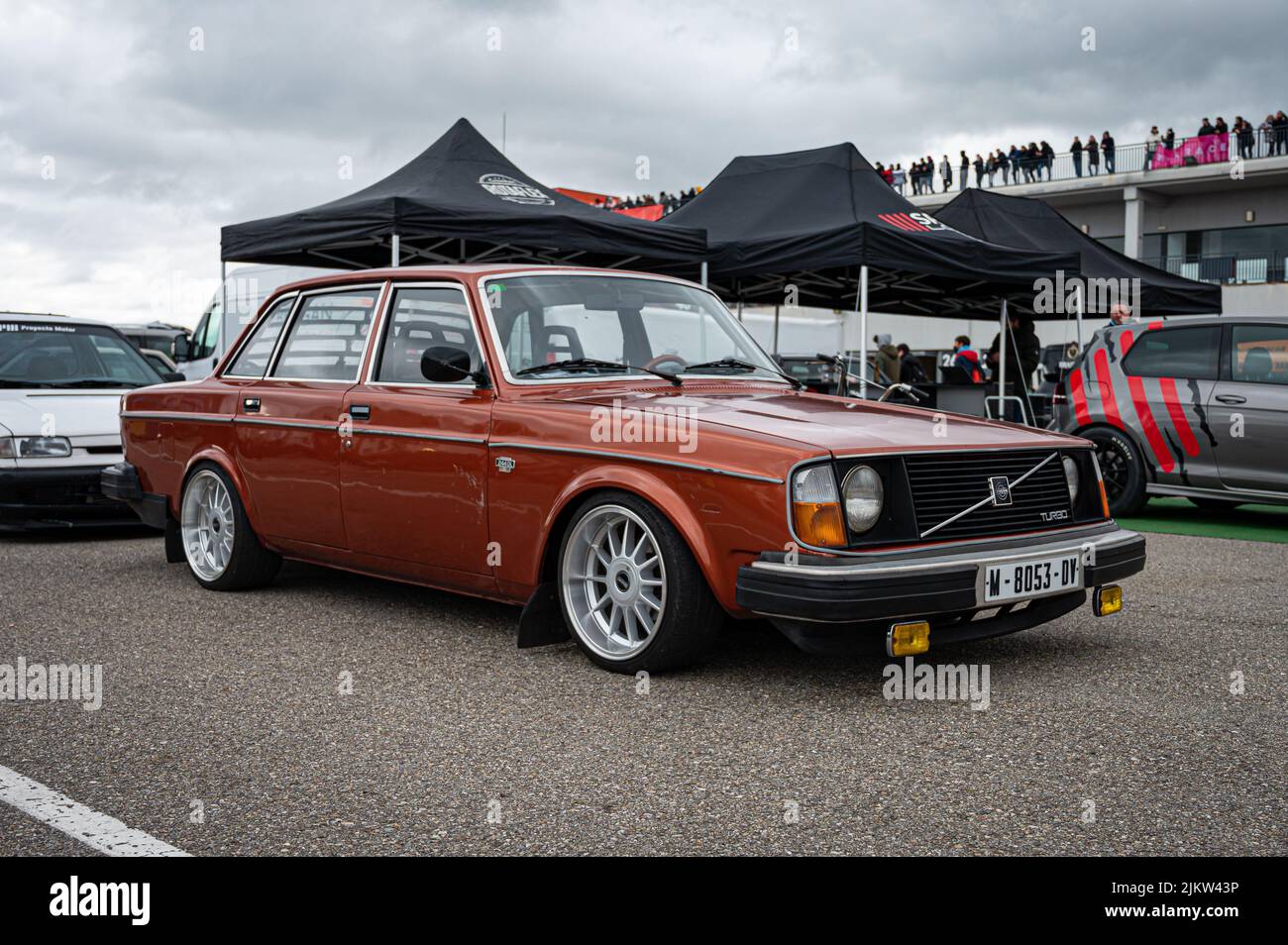 Navarra, Spain; March 6, 2022: orange Volvo 244 DL turbo stance sleeper ...