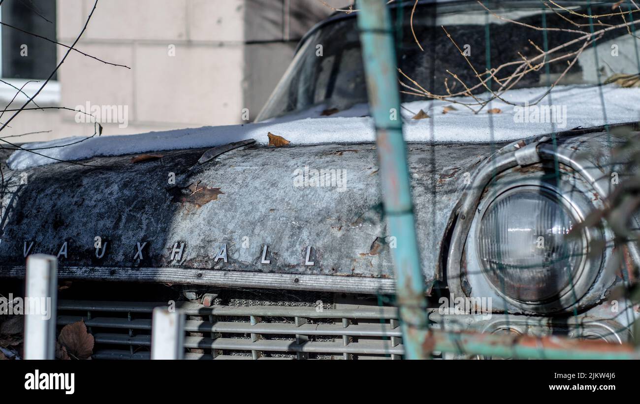 Old british car Vauxhall abandoned in Sofia, Bulgaria. Detail of logo ...