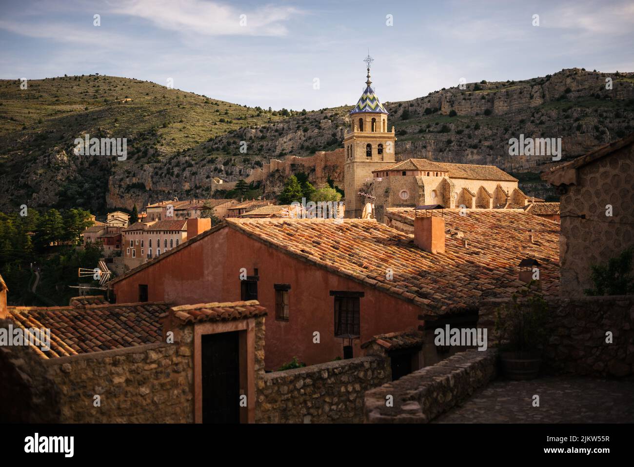 Streets, cathedral and roofs of Albarracín, a medieval town in Spain ...