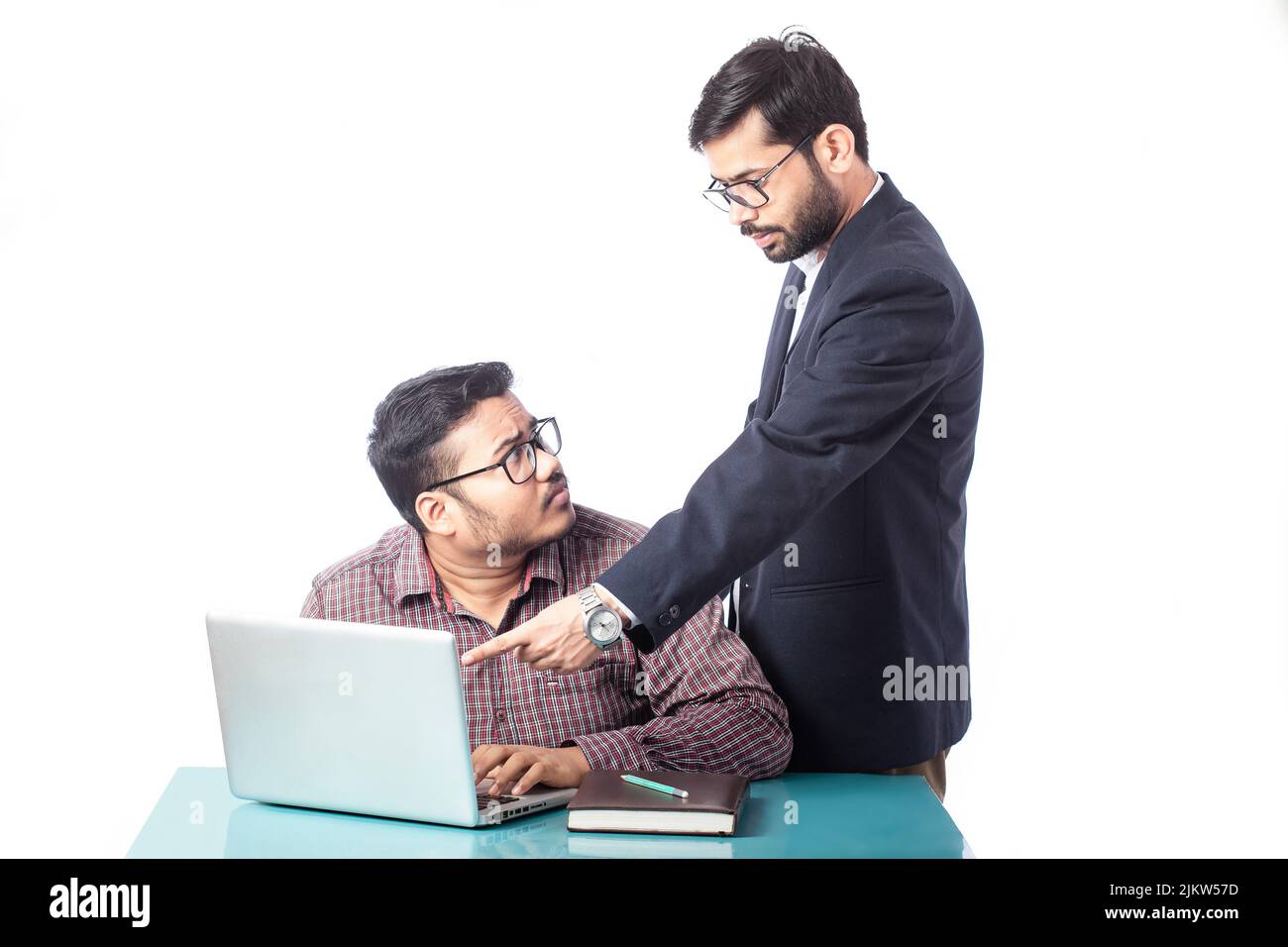 business manager giving instruction to employee in white background ...