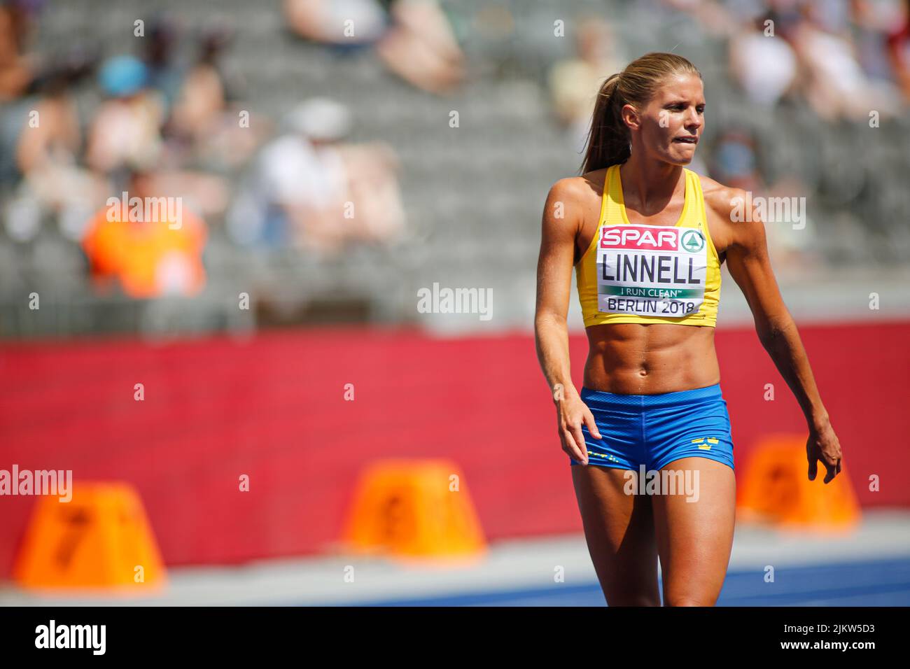 Lisa Linnell participating in the high jump at the European Athletics Championships in Berlin ...