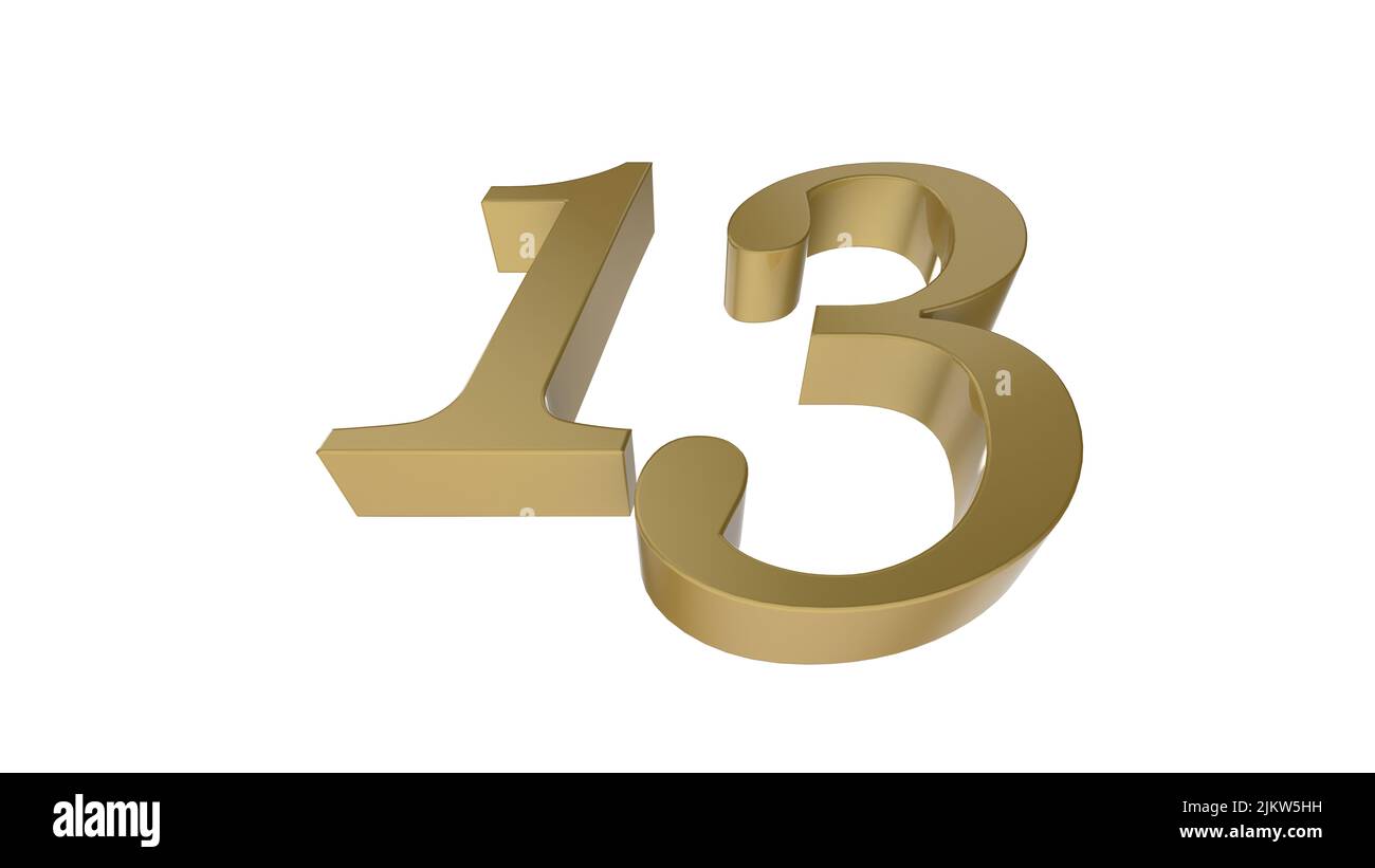 gold 13 thirteen number 3d illustration render Stock Photo - Alamy