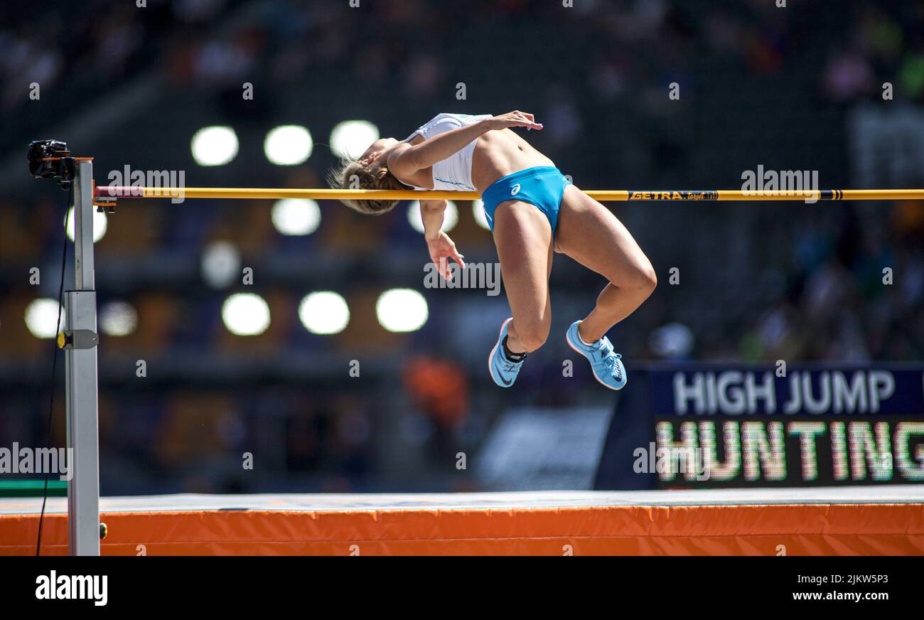 Maria Huntington participating in the high jump at the European ...