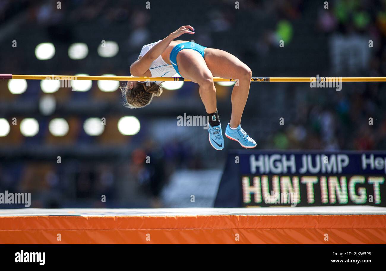 Maria Huntington participating in the high jump at the European ...