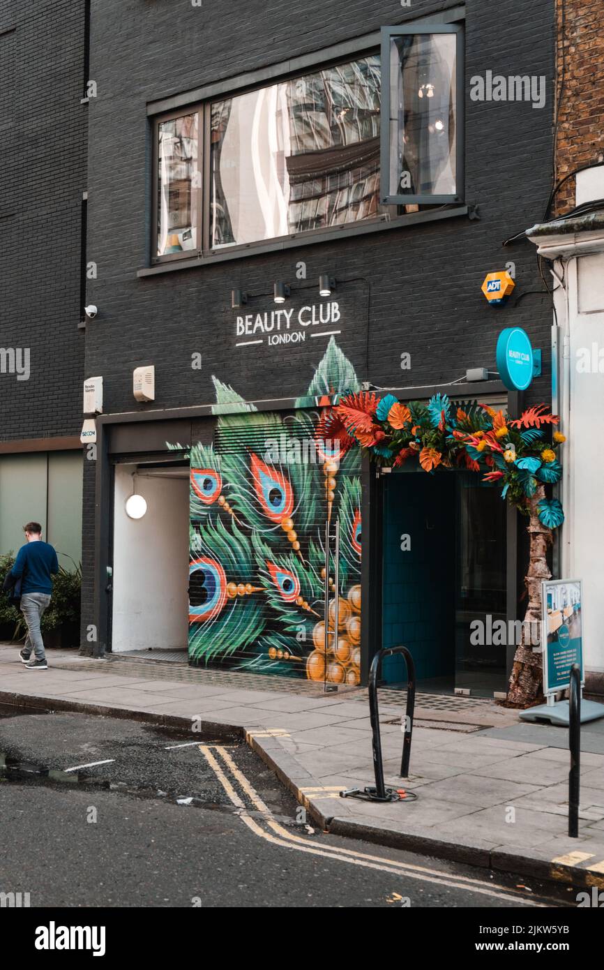 A vertical shot of a beauty club building with a painted facade in ...