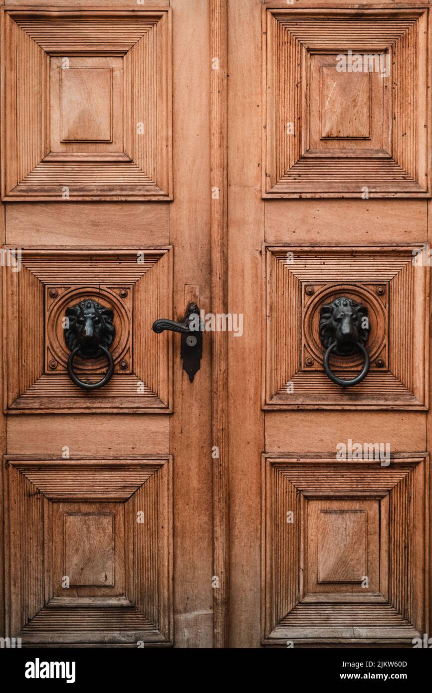 A vertical shot of a wooden door with two bigs lion shapes door knock ...