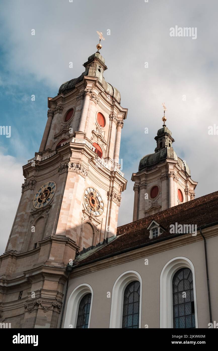 A vertical shot of Saint Gall cathedral towers from low angle Stock ...