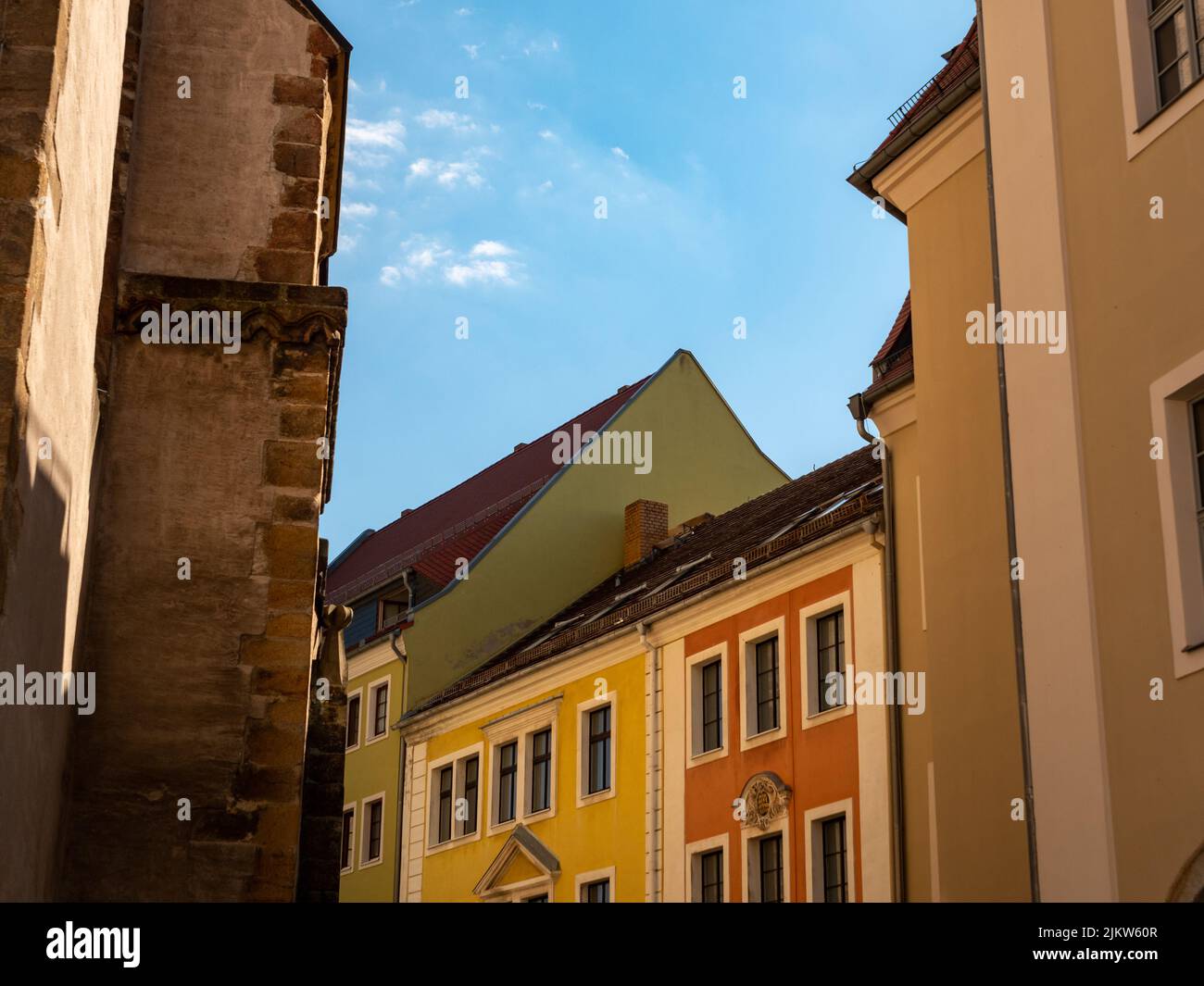 Colorful building exteriors in the town in Saxony. Beautiful old ...