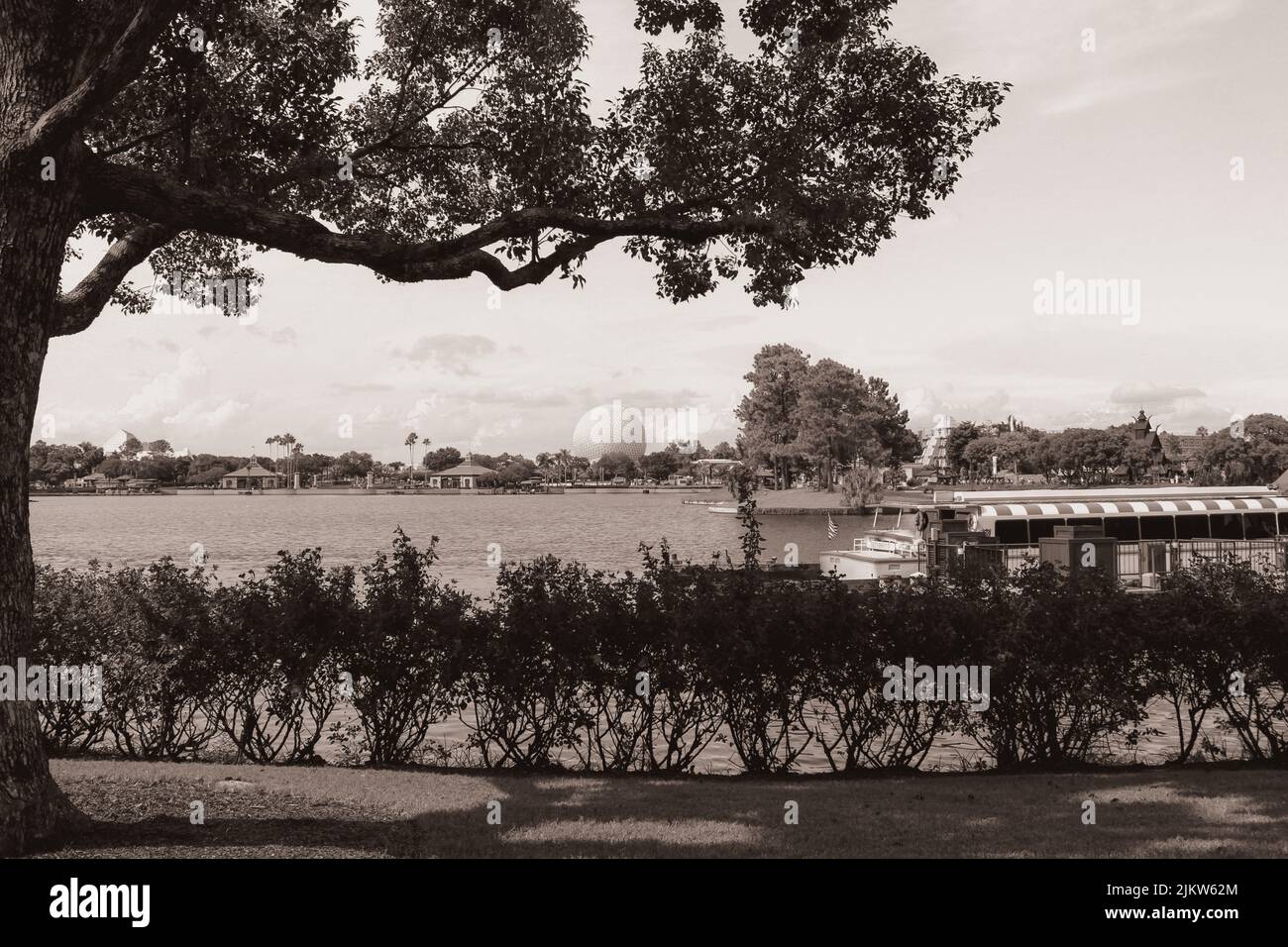 A grayscale shot of EPCOT, theme park at the Walt Disney World Resort ...