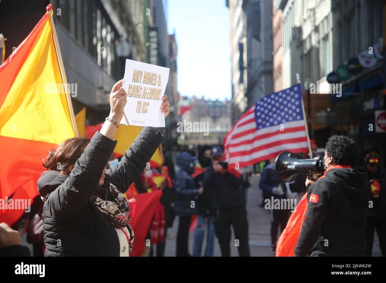 A group of people with flags and posters protesting against the Tigray ...