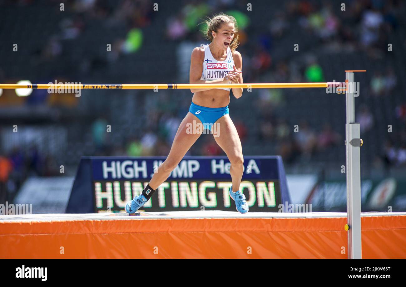 Maria Huntington participating in the high jump at the European ...