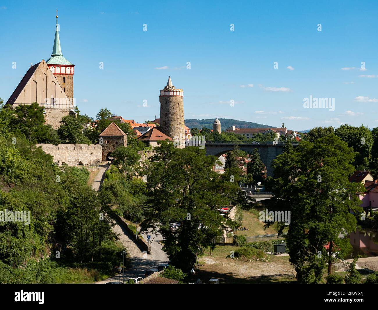 Tower, houses and a tall bridge in the town in Saxony. Sightseeing of ...