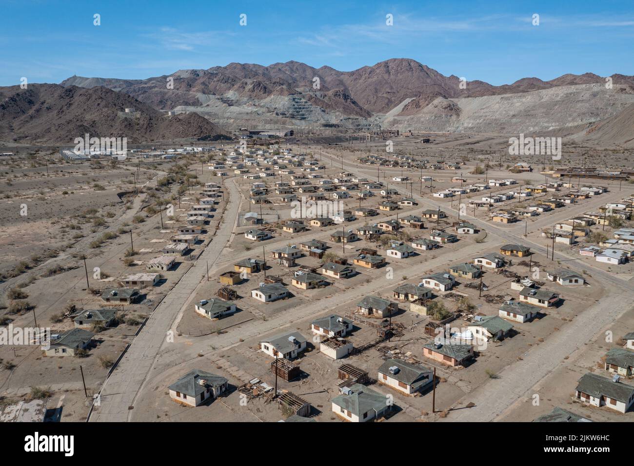 An aerial view of deserted houses of the Eagle Mountain mining town in ...