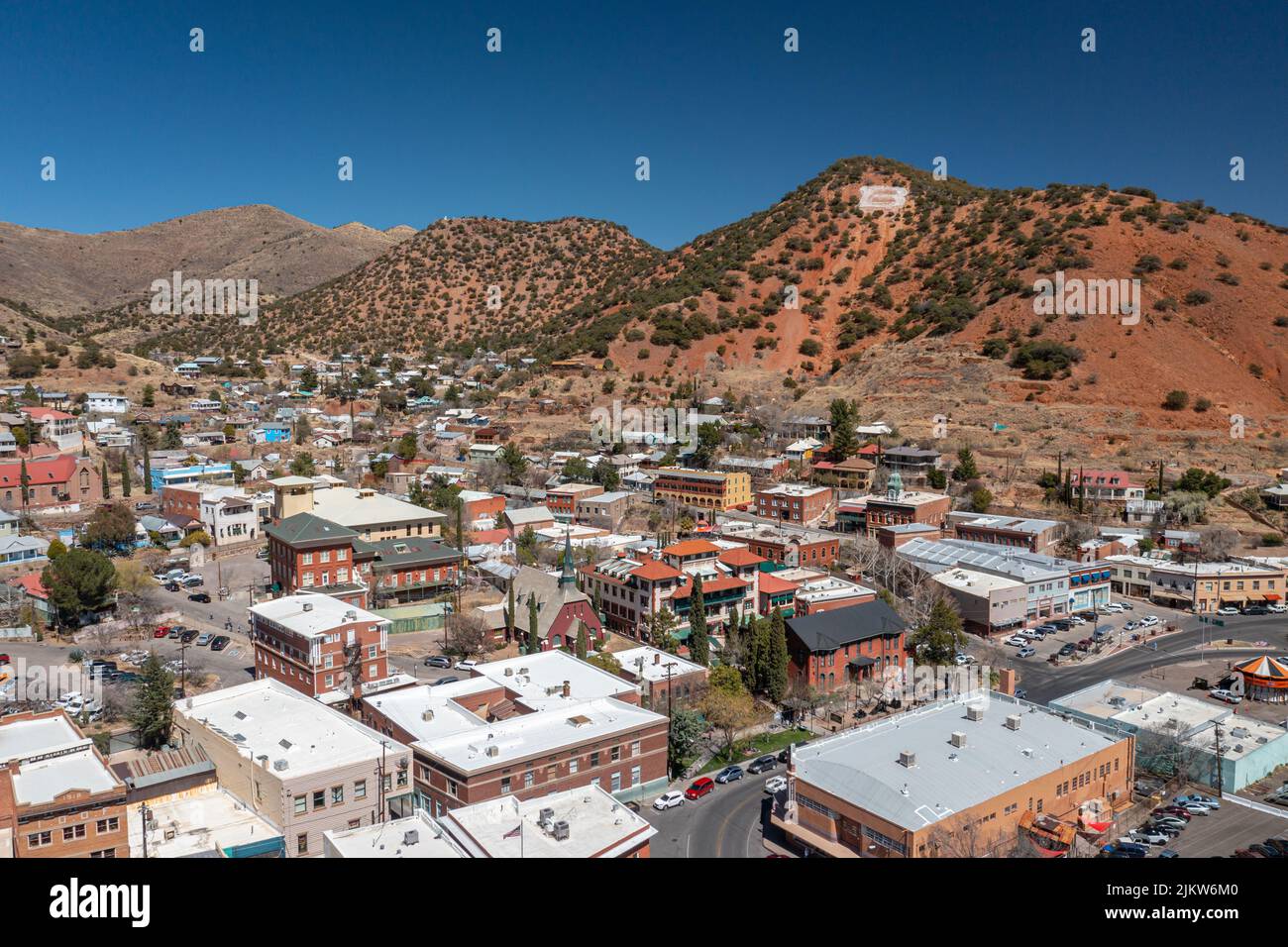 An aerial perspective of the historic mining town of Bisbee, Arizona ...