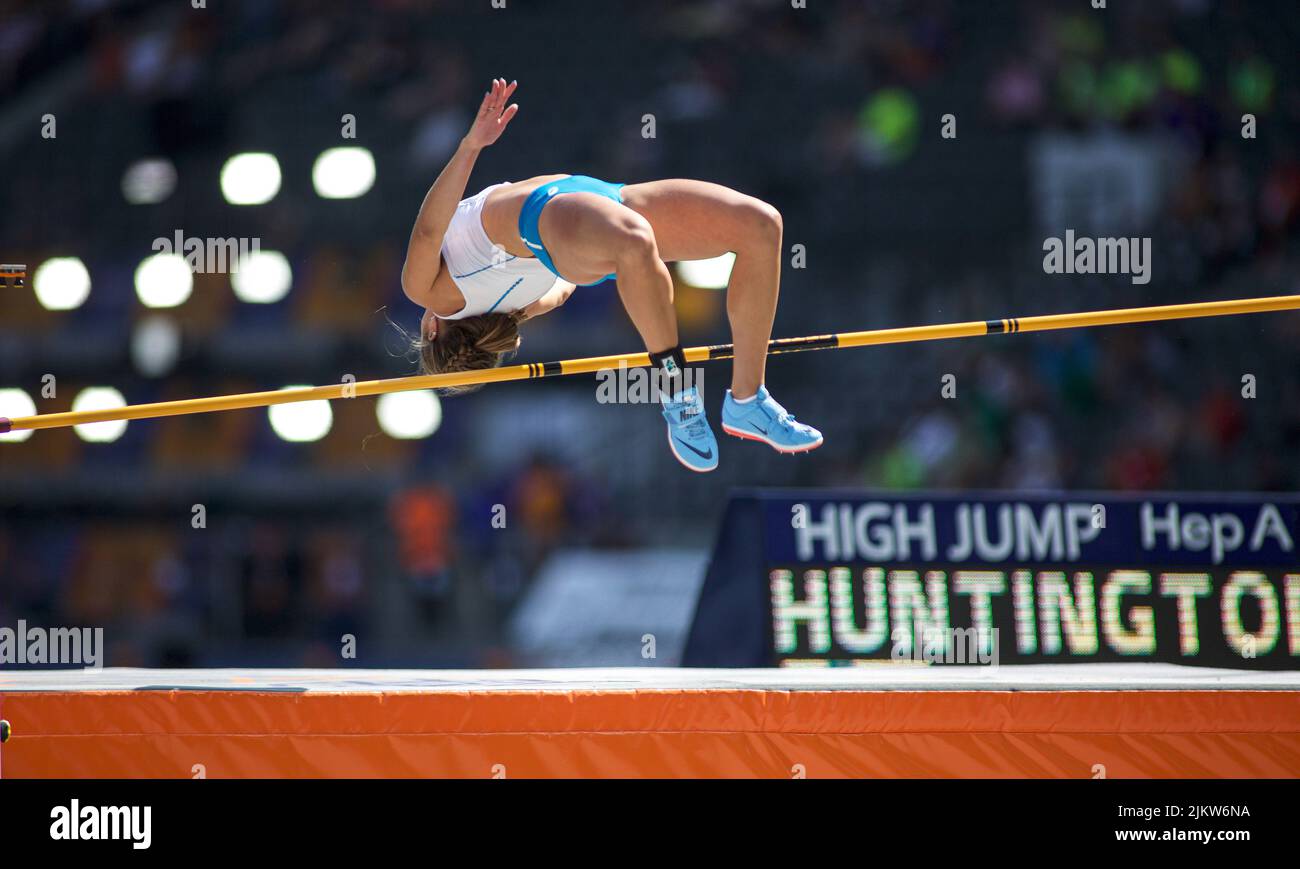 Maria Huntington participating in the high jump at the European ...