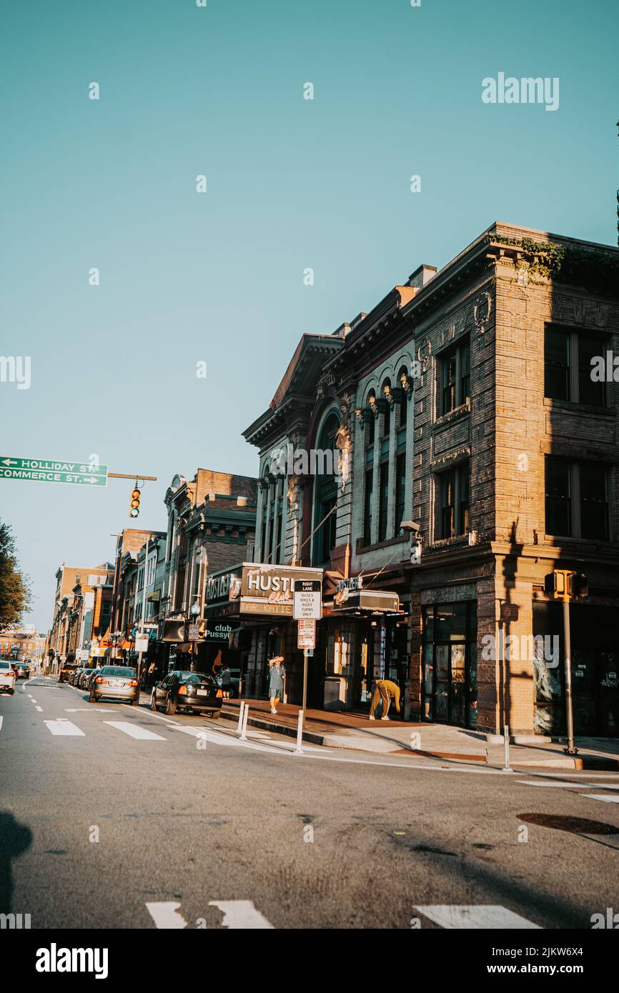 A beautiful view of the residential buildings with street signs and ...