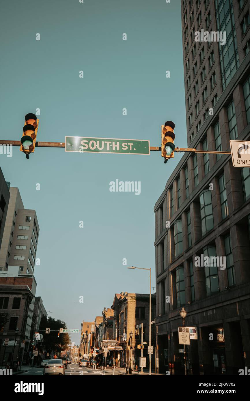 A beautiful view of the residential buildings with street signs and ...