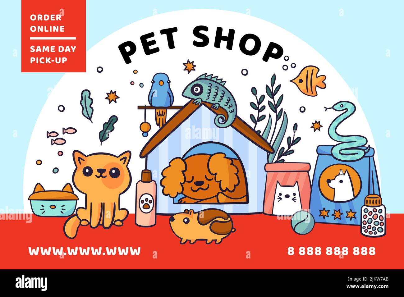 Pet shop. Domestic animals care products. Internet banner design. Hotline poster. Different ...