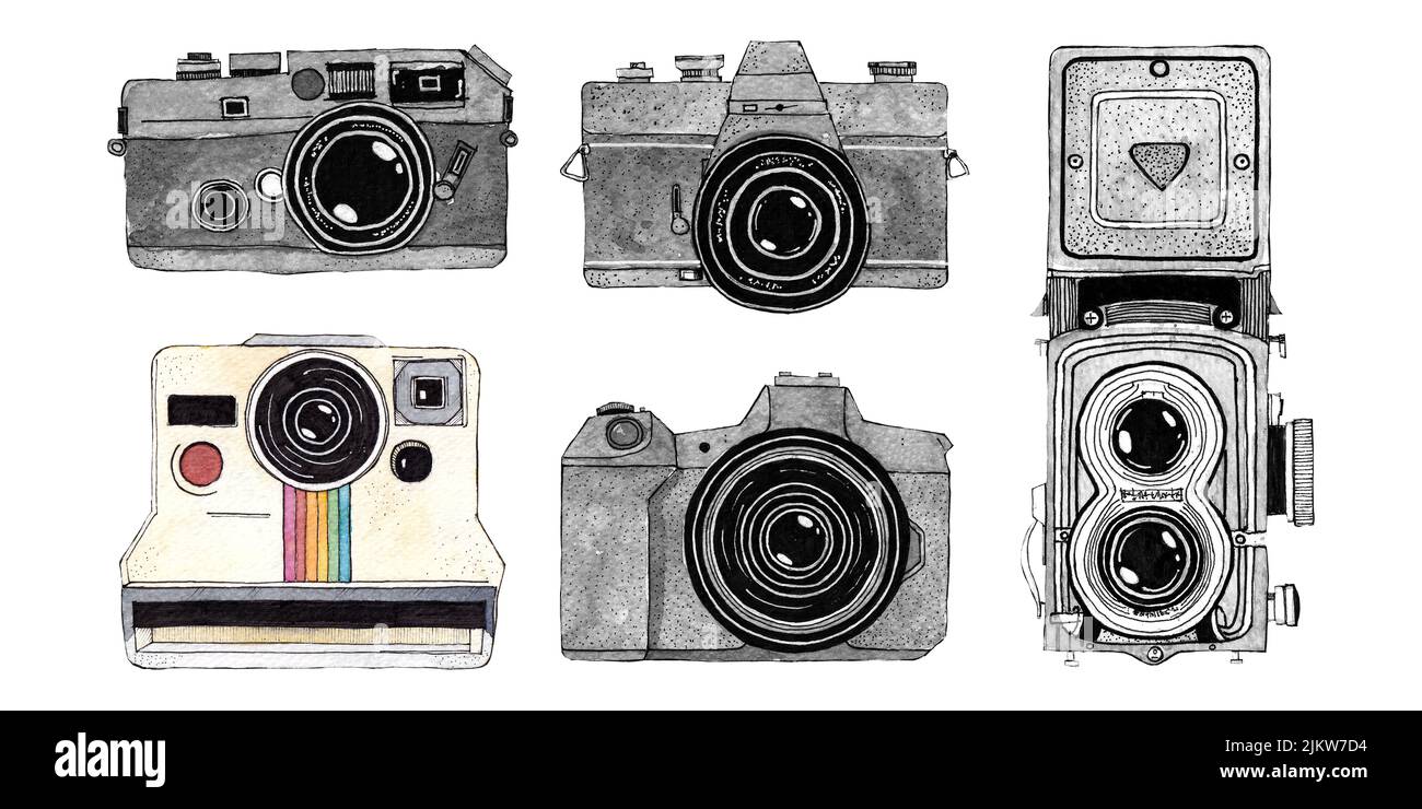 A beautiful drawing of six vintage cameras Stock Photo - Alamy