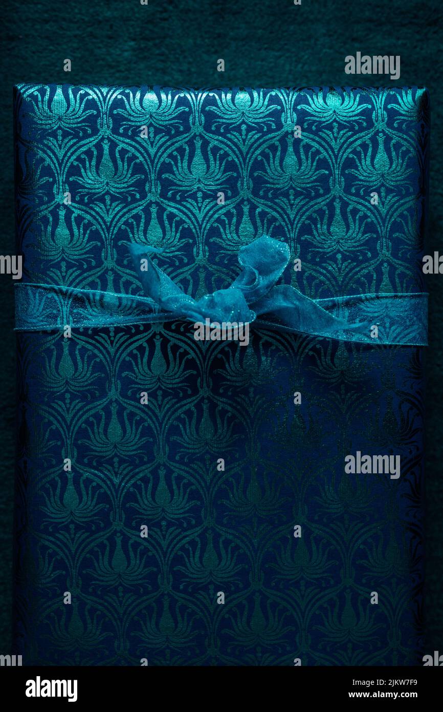 decorative metallic blue damask pattern gift wrapped present Stock ...