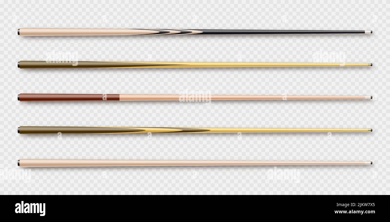 Various wooden billiard cues. Snooker sports equipment. Vintage pool cue. Active recreation and ...