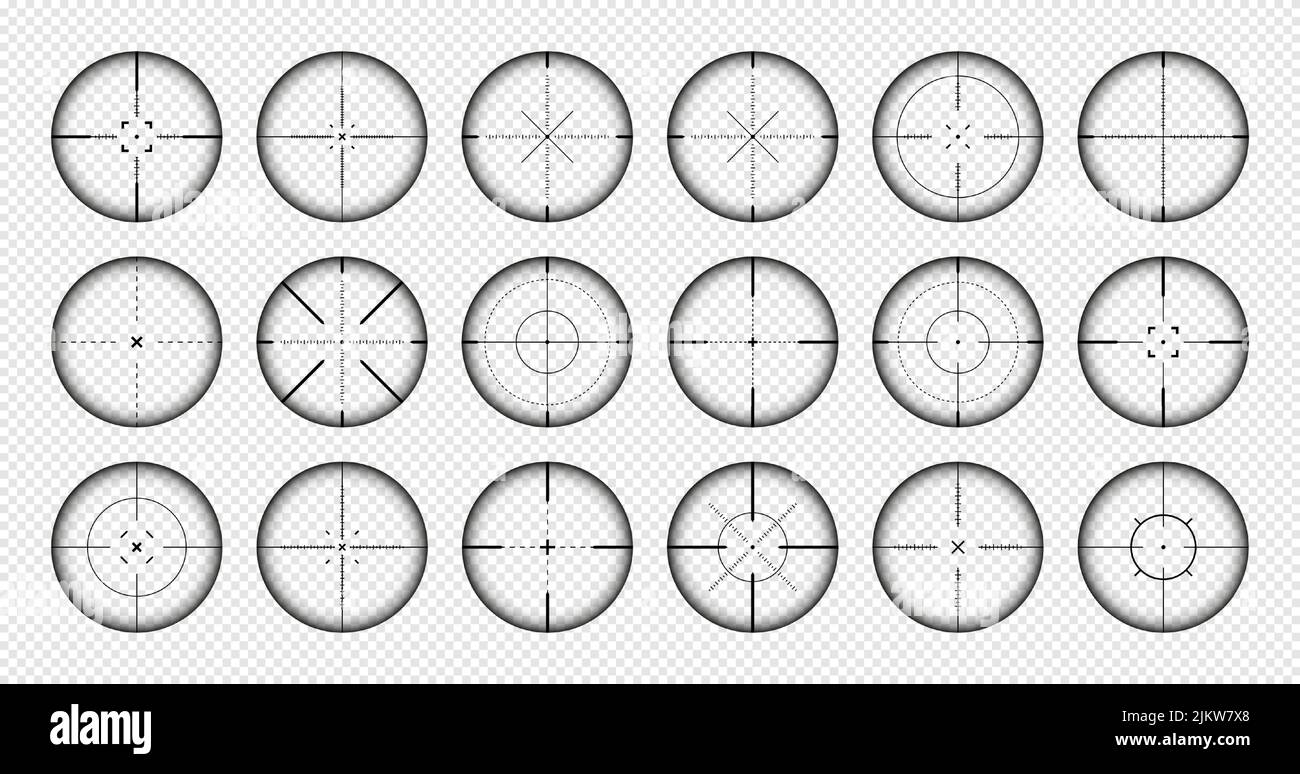 Various weapon sights, sniper rifle optical scopes. Hunting gun ...
