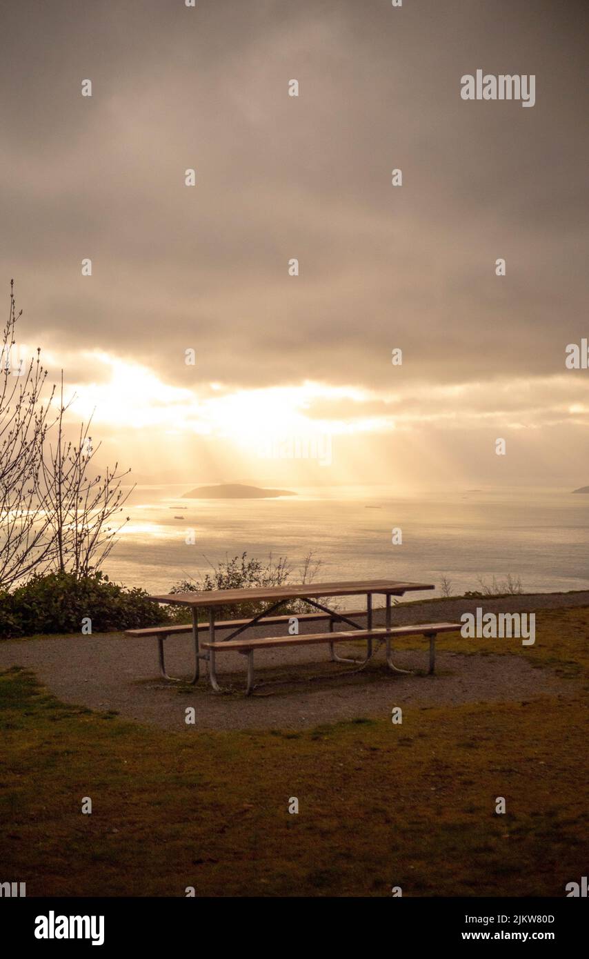 A scenic view of a picnic table and overlooking view of the Samish ...