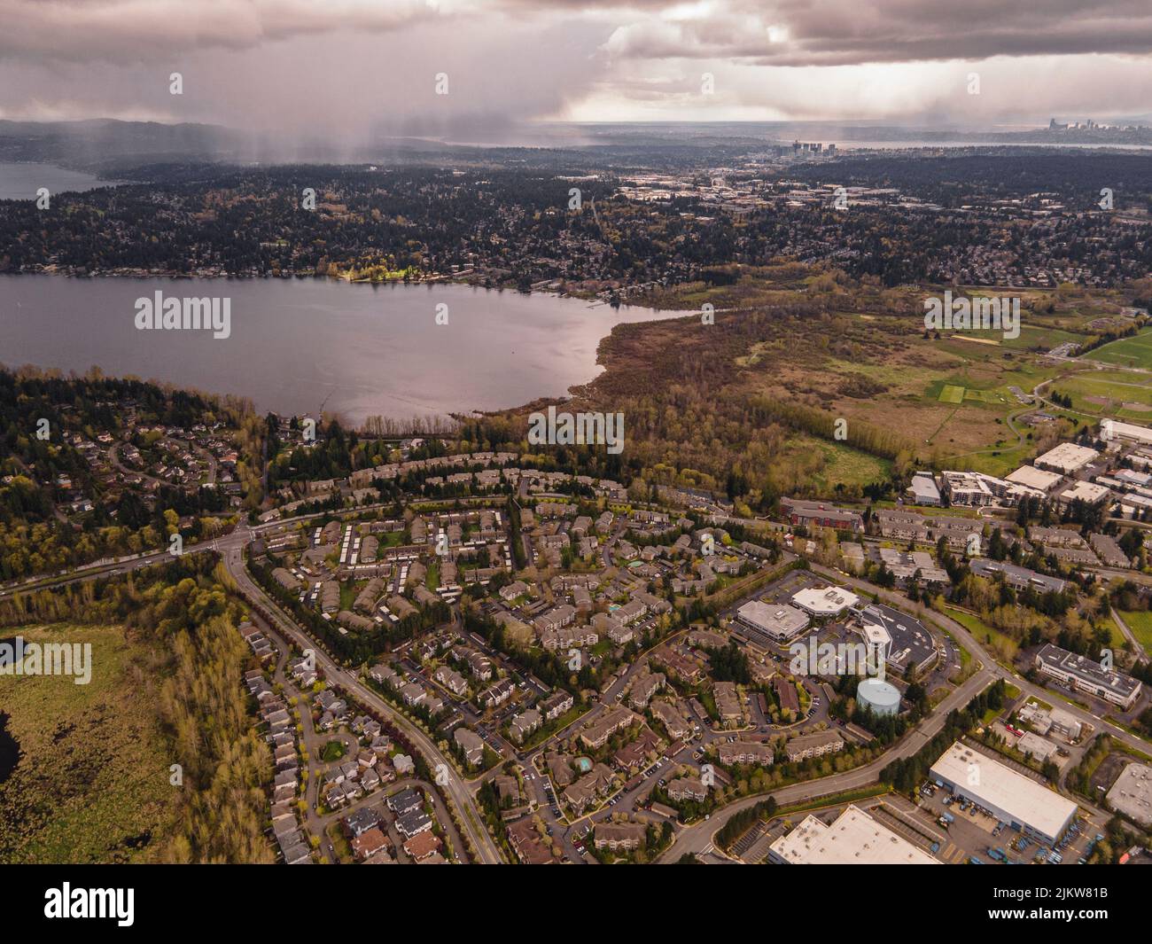 An aerial view of Sammamish Lake and the city of Bellevue in Washington ...