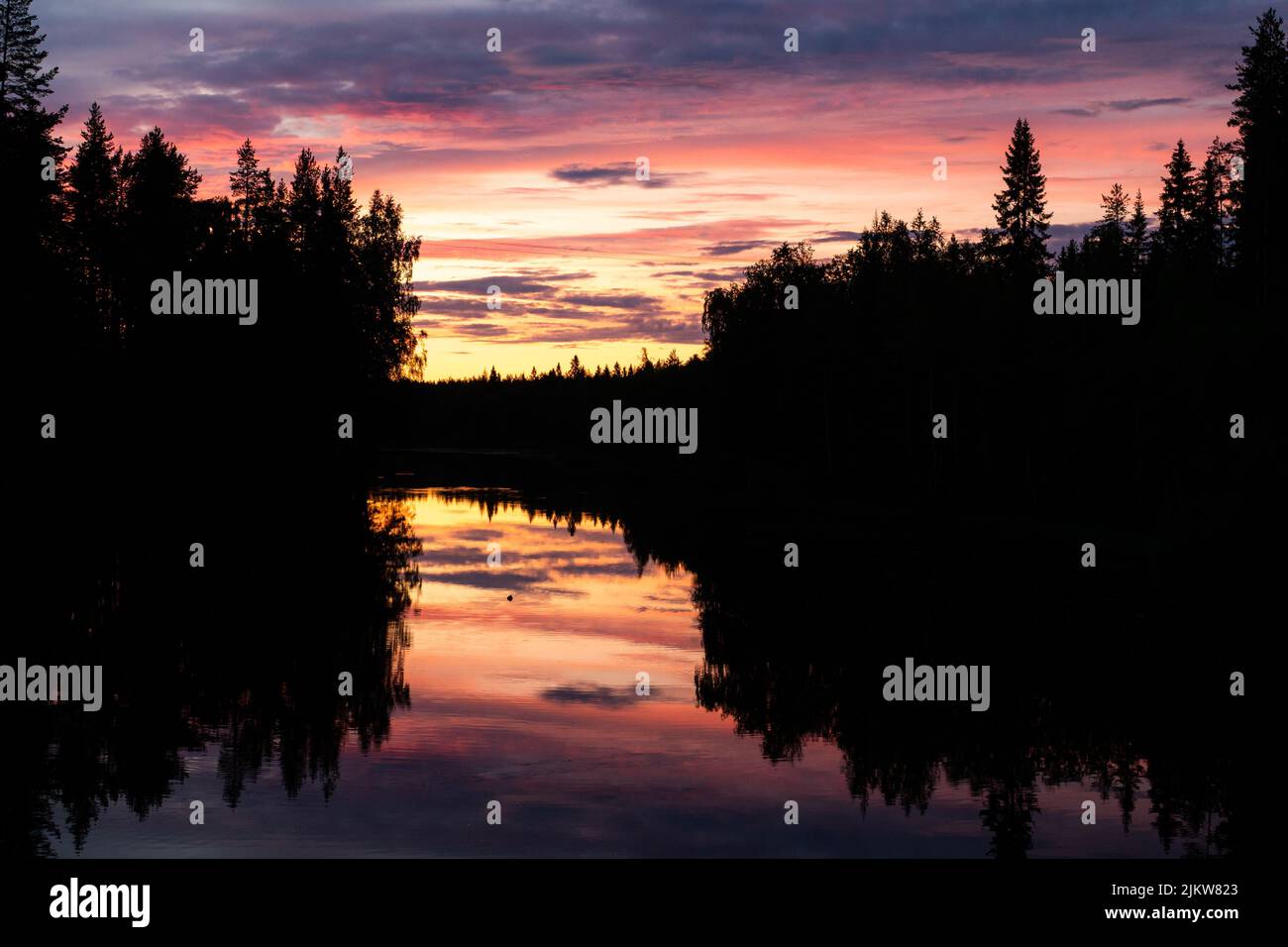 Strong colors of sunset with silhouette forest Stock Photo - Alamy
