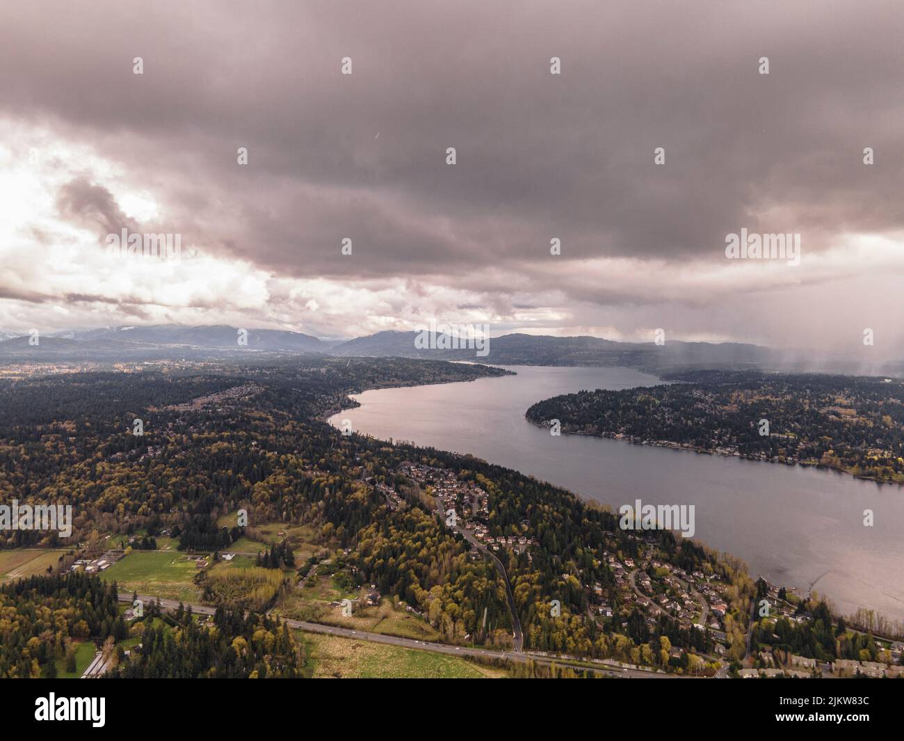 An aerial view of Sammamish Lake and the city of Bellevue in Washington ...