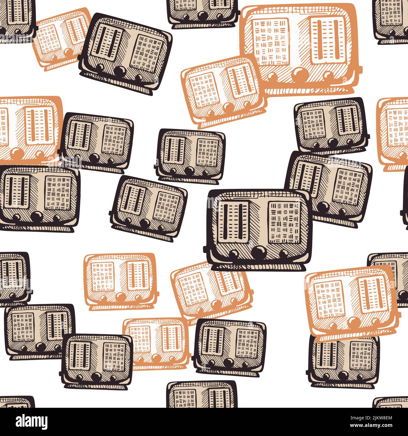 Retro radio engraved seamless pattern. Vintage media equipment in hand ...