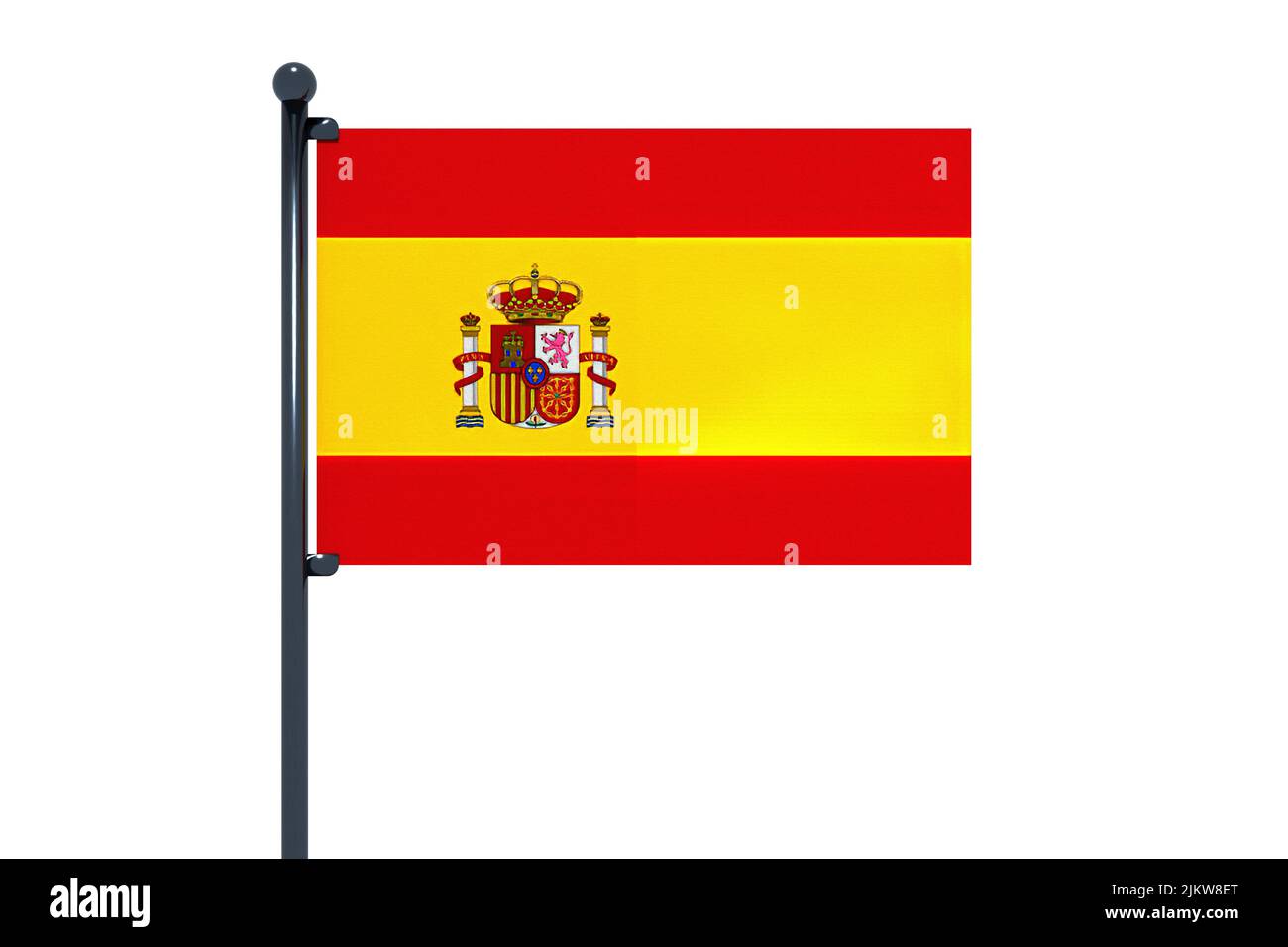 3D illustration of flag of Spain with chrome flag pole with snap hooks ...