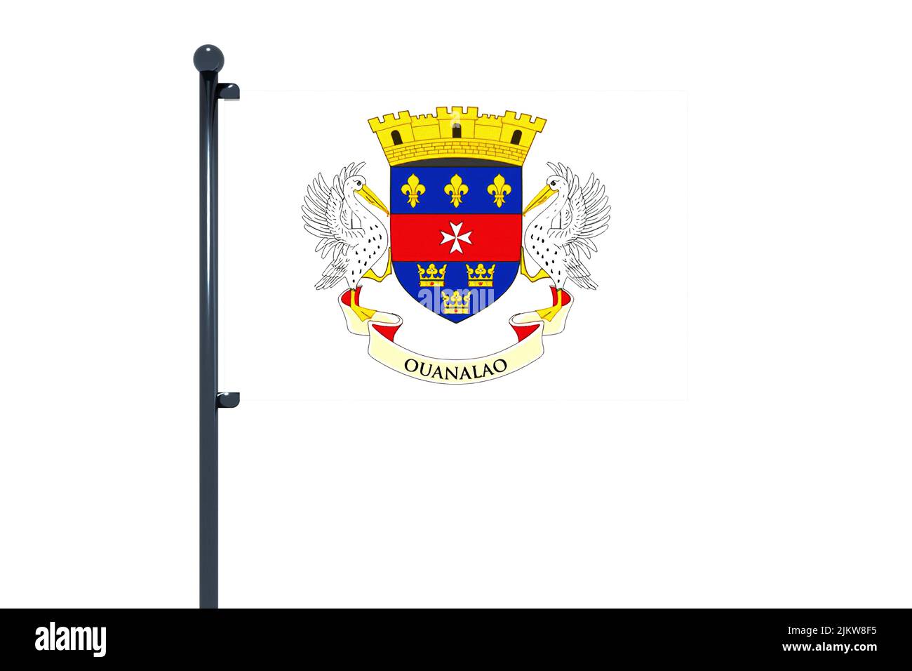 3D illustration of flag of Saint Barthelemy with chrome flag pole with ...