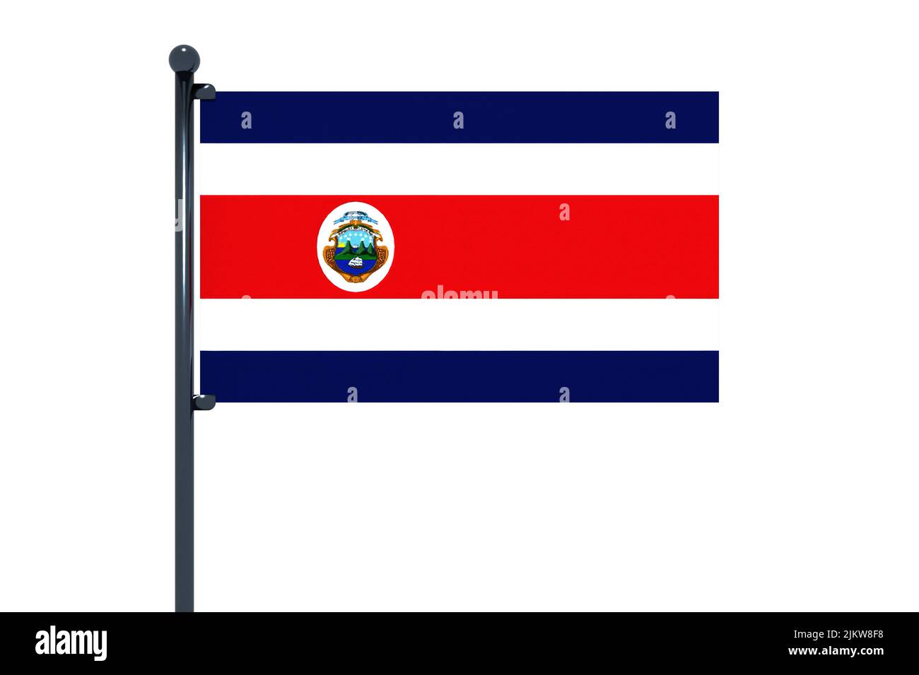 3D illustration of flag of Costa Rica with chrome flag pole with snap ...