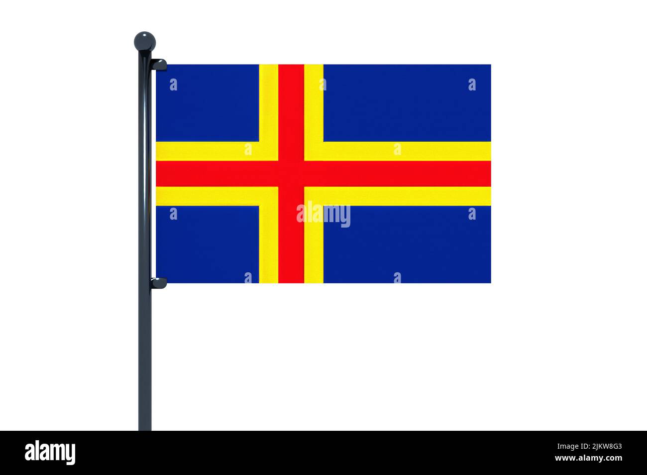 3D illustration of flag of Aland Islands with chrome flag pole with ...