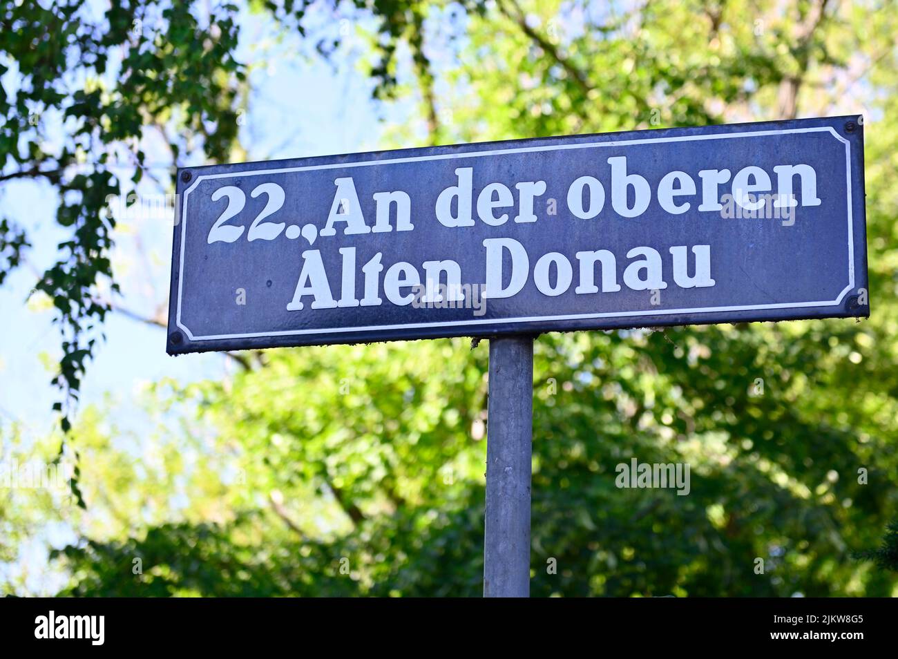 Vienna, Austria. Street sign at the On the Upper Old Danube in the 22nd ...
