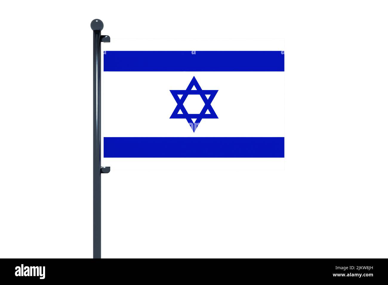 3D illustration of flag of Israel with chrome flag pole with snap hooks ...