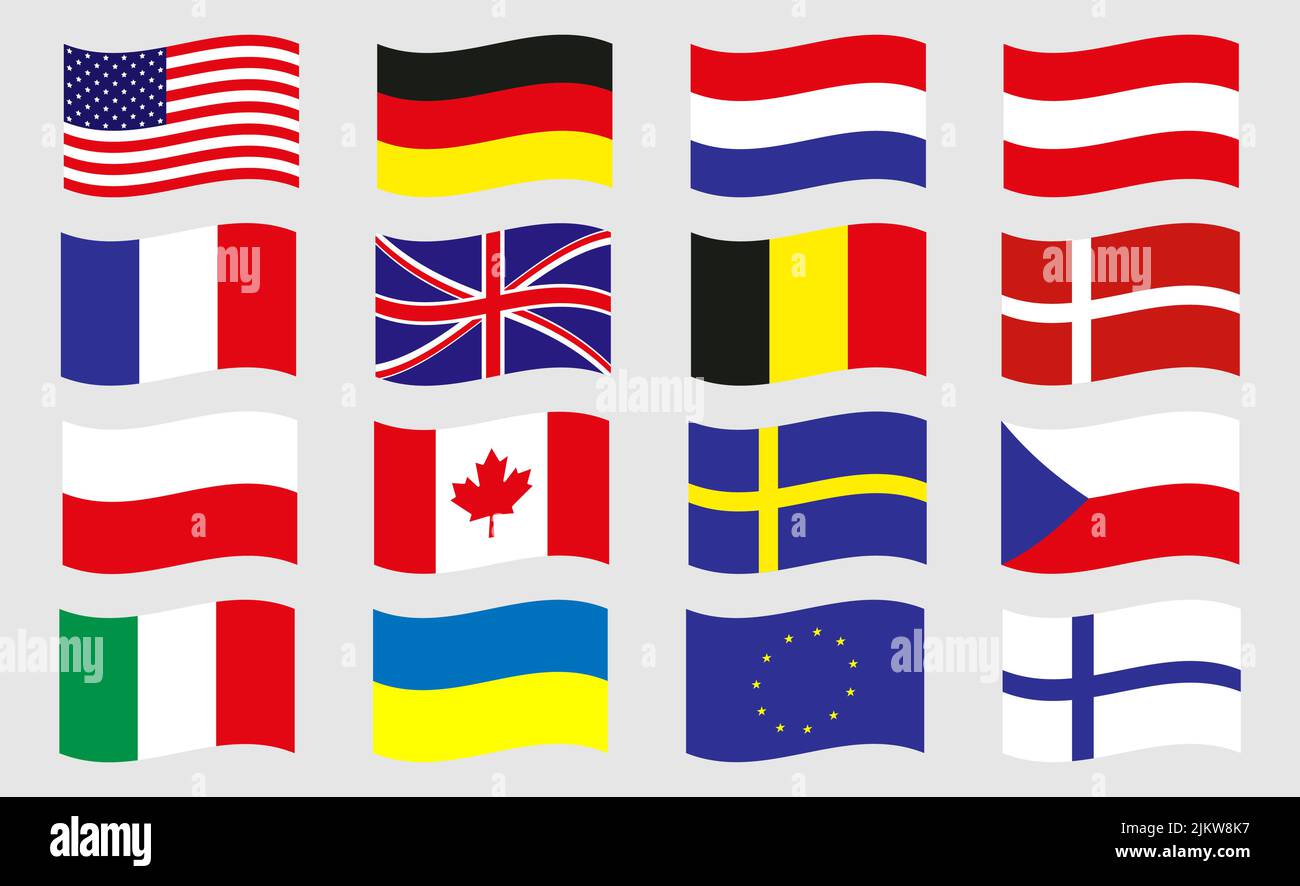 Vector drawing flags of European countries, EU, flags USA and Canada ...