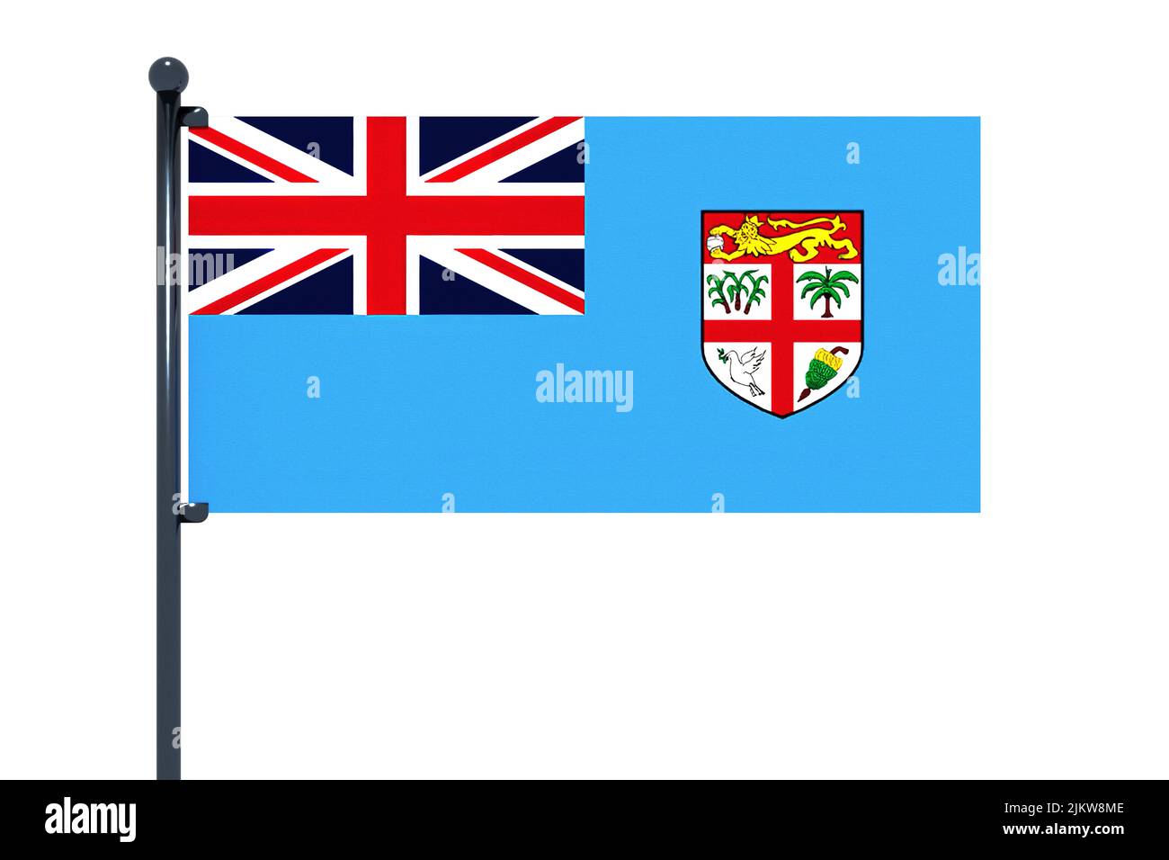 3D illustration of flag of Fiji with chrome flag pole with snap hooks ...