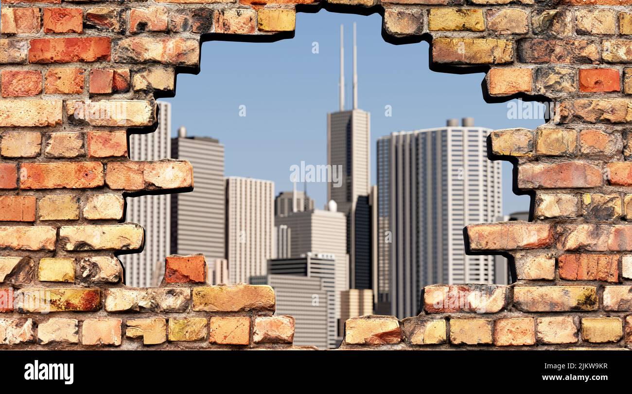 View through a hole in the wall onto the skyline of a big city Stock ...