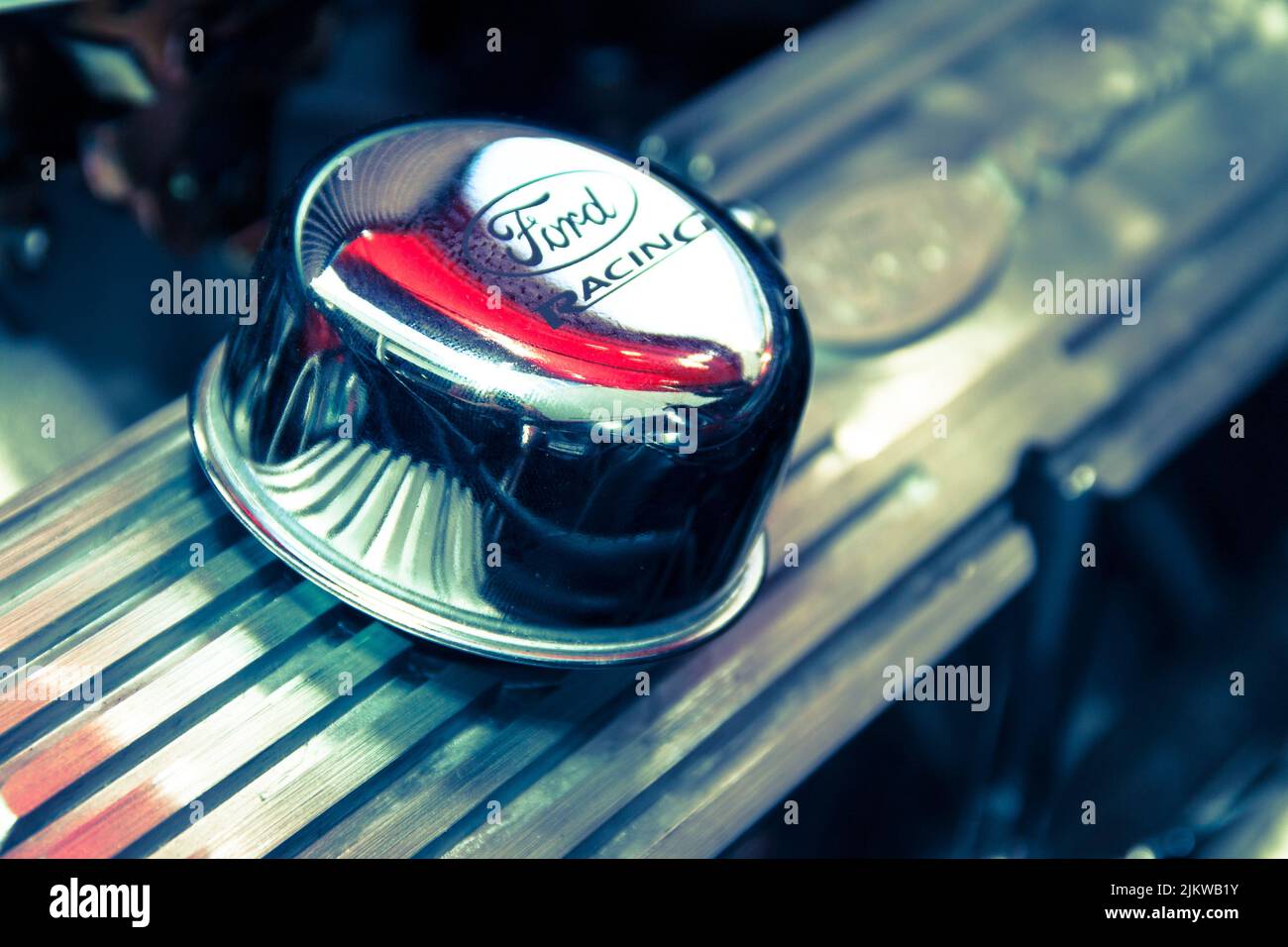 Ford racing oil filler cap chrome cap Stock Photo - Alamy