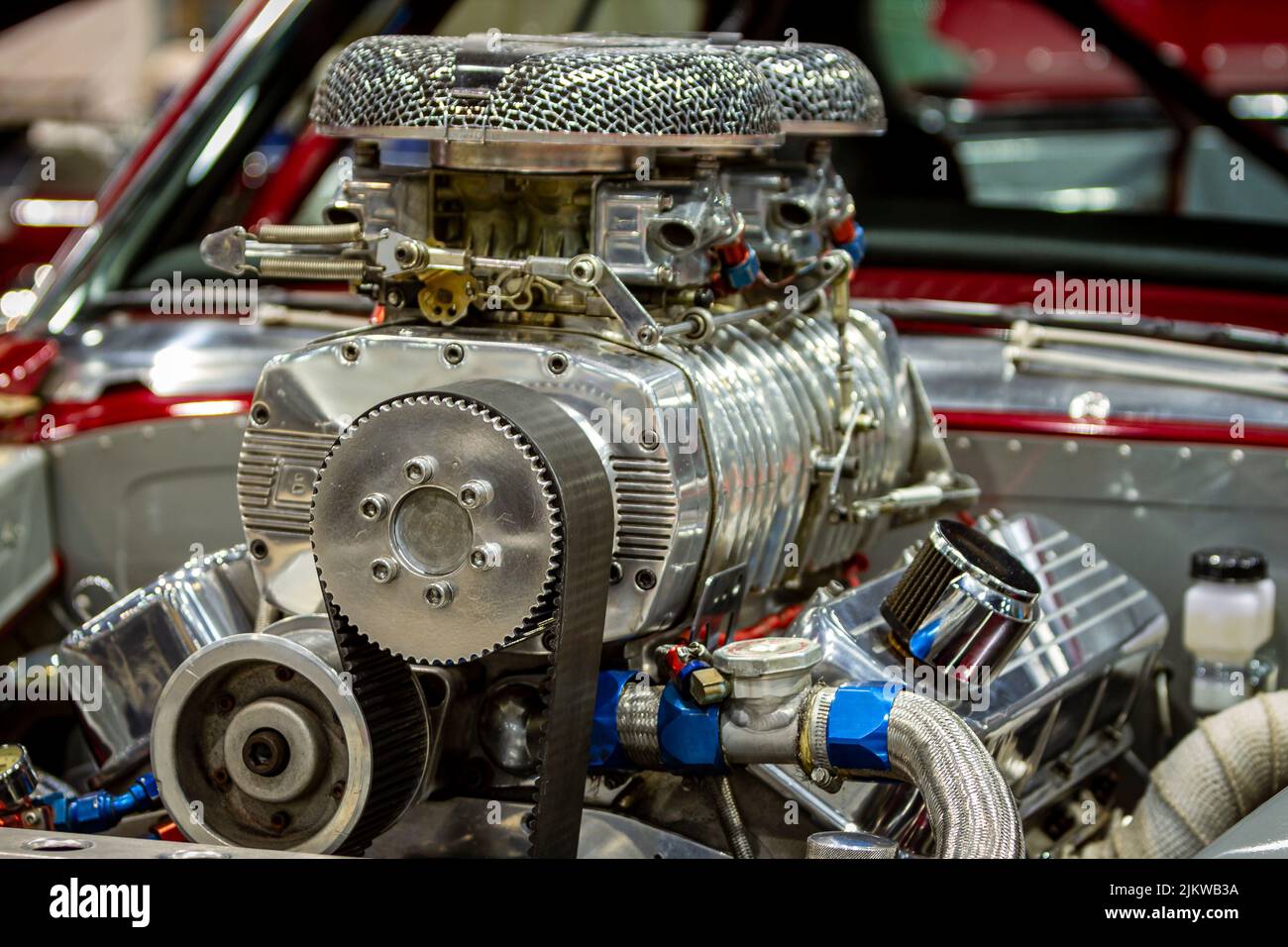 Super-charger motor in car at Winnipeg World Of Wheels car show Stock ...