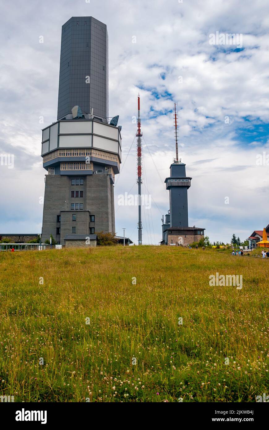 A vertical shot of observation and radio television tower on the top of ...
