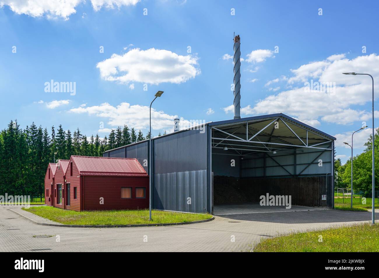 A small new modern wood chip heating thermal power plant in a rural ...