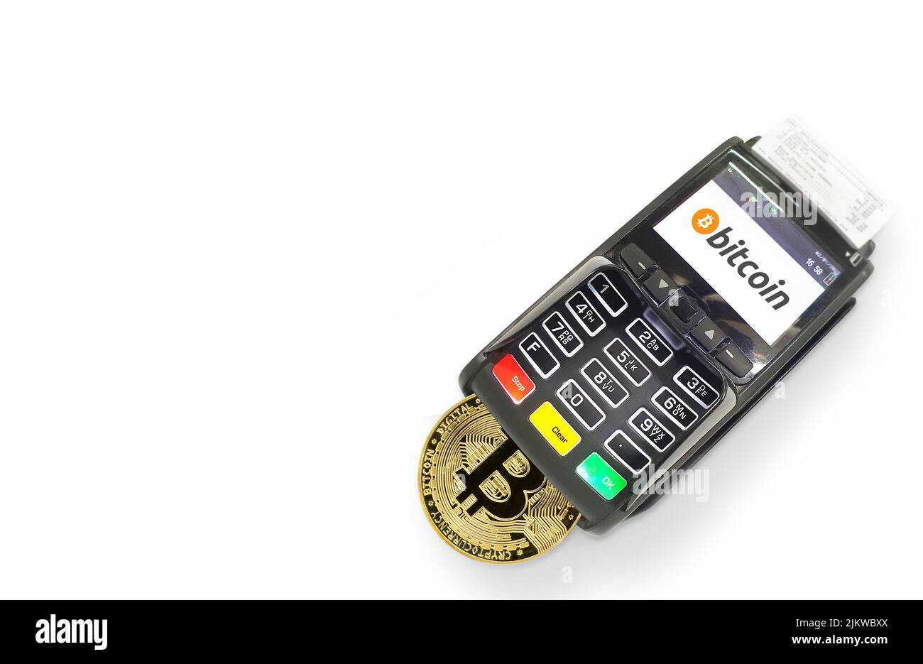A POS terminal for bitcoin payments isolated on a white background ...
