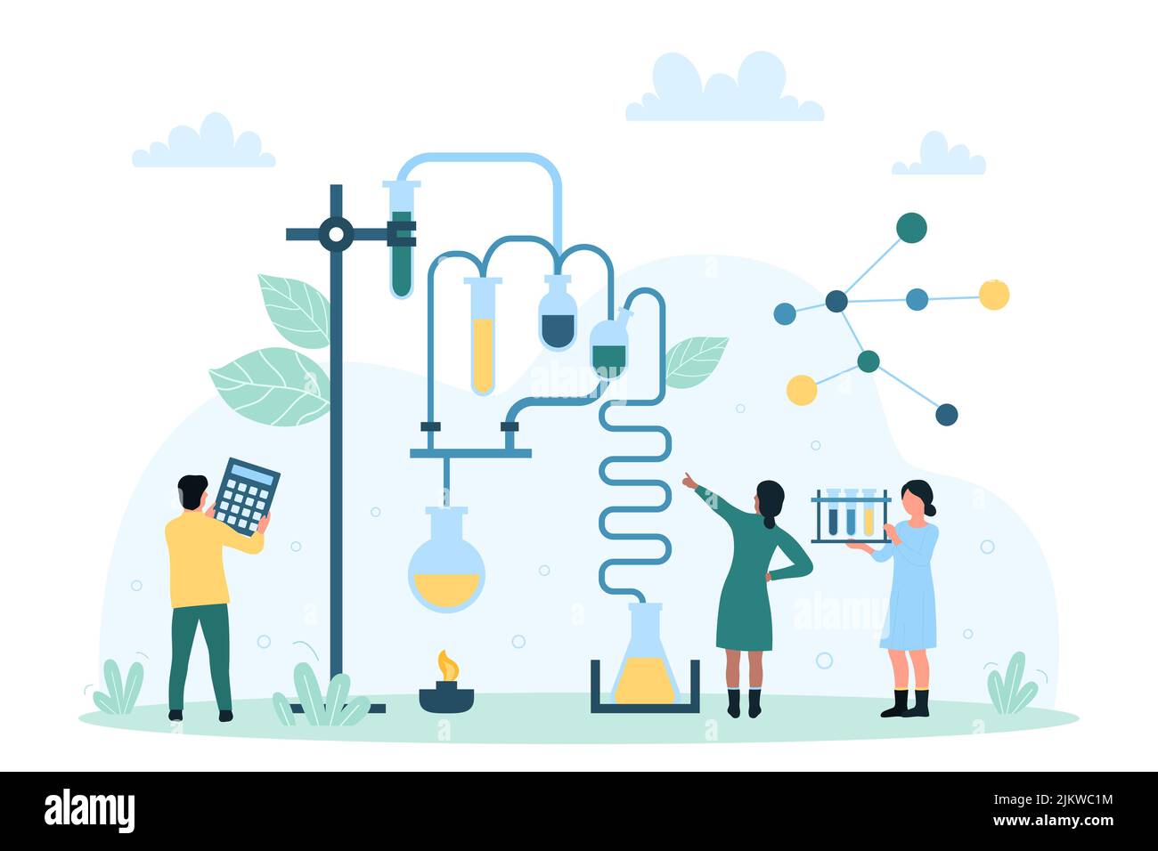 Laboratory chemistry experiment of tiny scientists vector illustration. Cartoon team of chemists ...