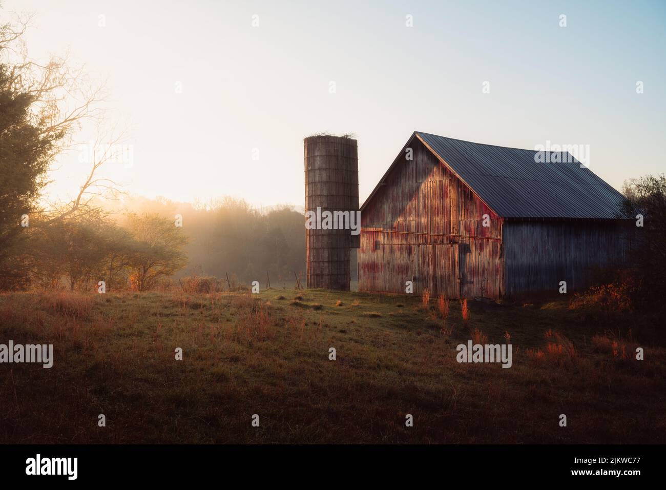 An old barn in a field with trees Stock Photo - Alamy