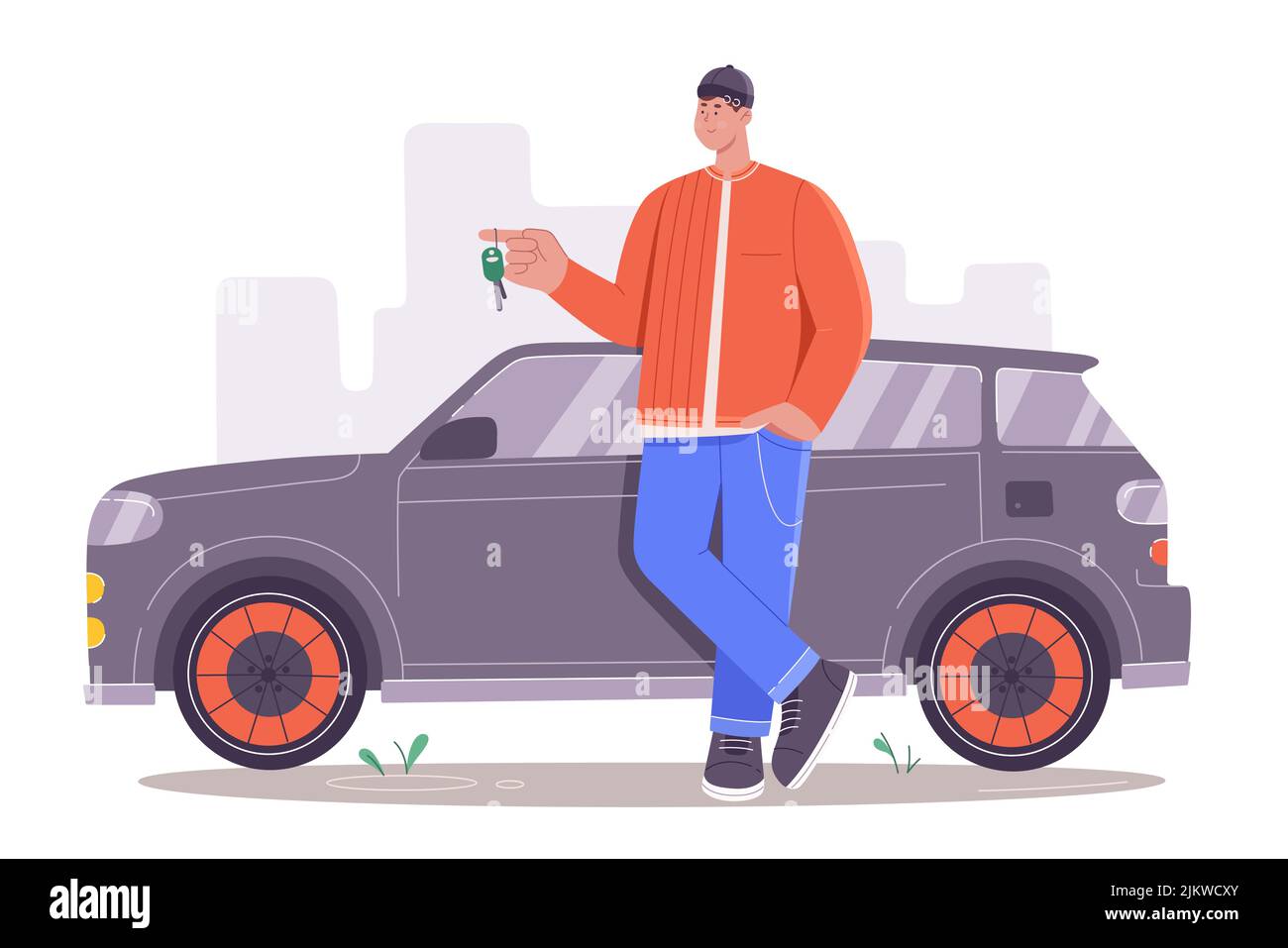 Happy man buying new car vector illustration. Cartoon male driver ...