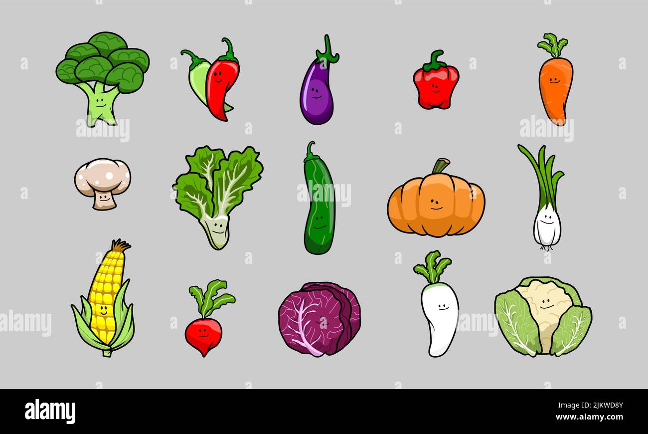 The cartoon style different vegetables on the gray background Stock ...